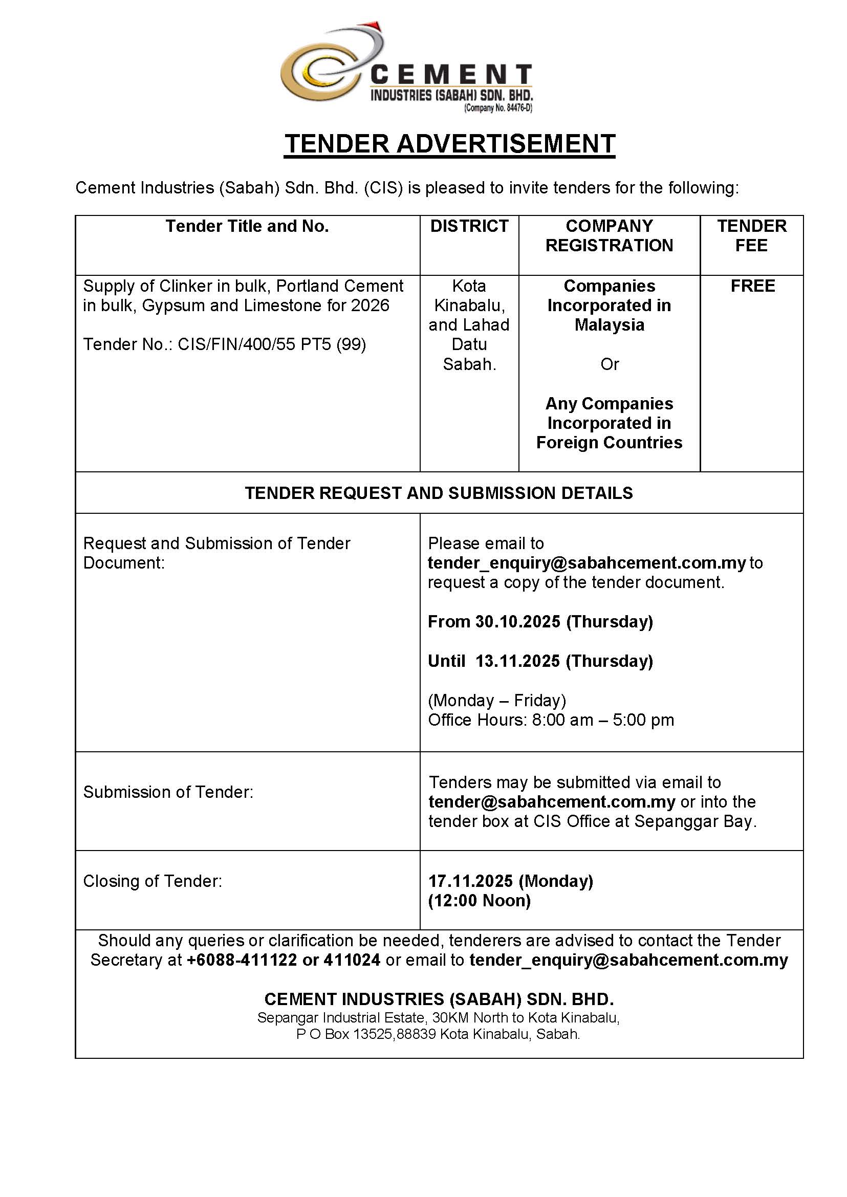 Notice of Tenders - Cement Industries Sdn. Bhd.